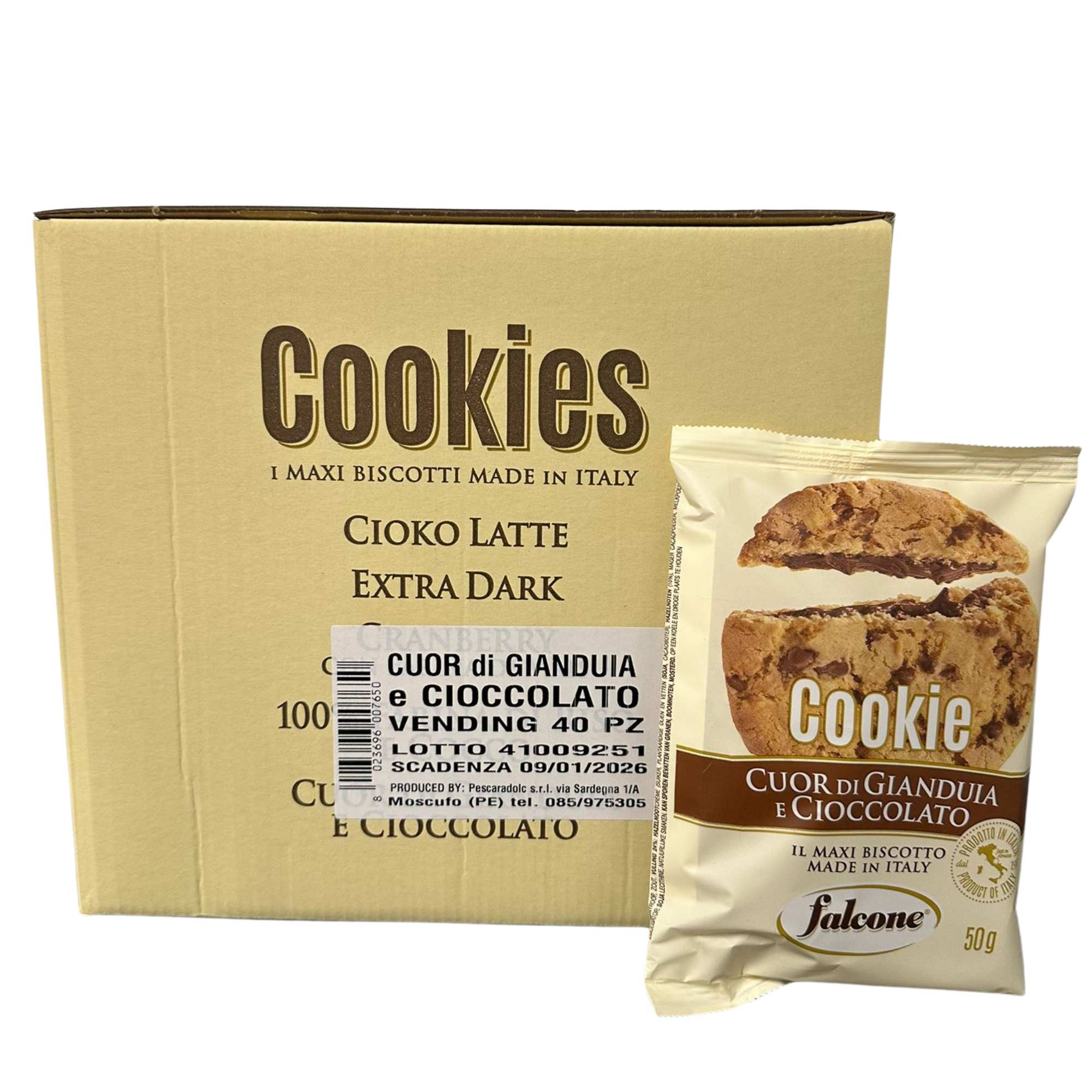 Falcone cookies cuor di gianduia e cioccolato 40 x 50 gr - E&S Vending